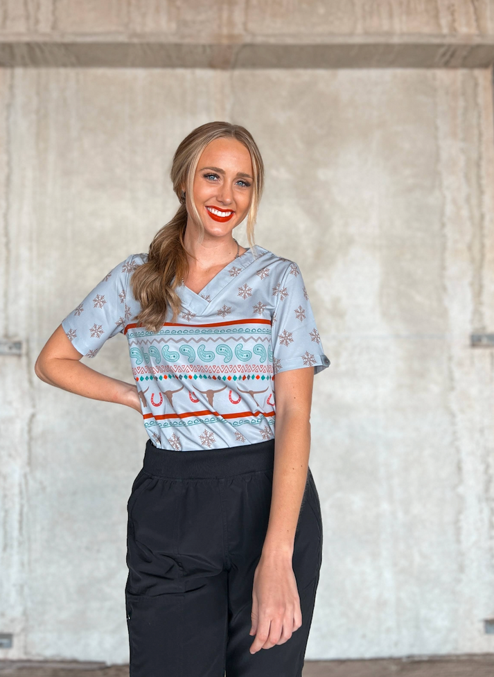 Western Christmas Scrub Top – Spurrin’ Scrubs